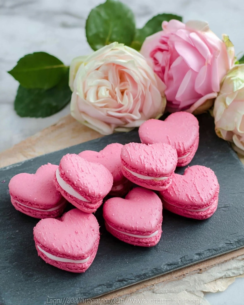 Heart-Shaped Strawberry Macarons with Vanilla Frosting